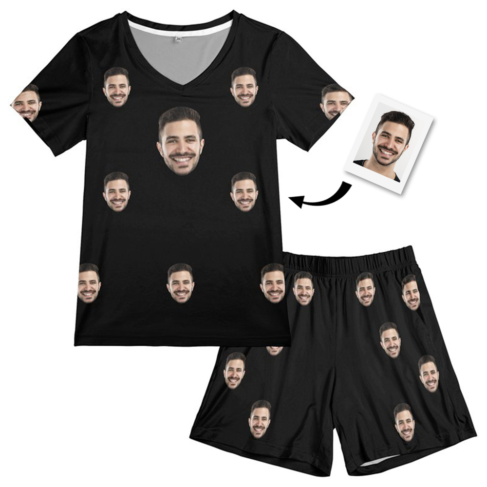Personalized Face Womens Pajamas Black Funny Short Pajama Set ...