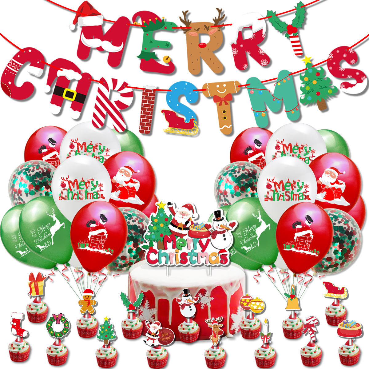 Christmas Balloons Set with Banner and Cake Topper for Christmas Party ...