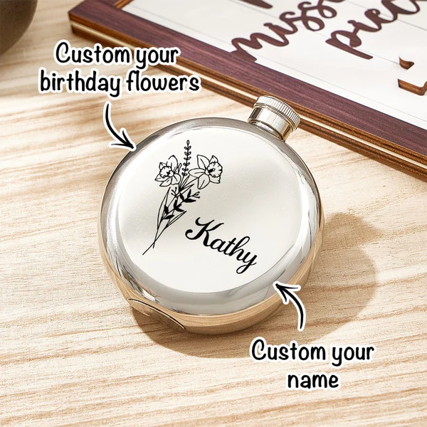 Personalized Name Flask with Birth Flower Custom Flask Gift for ...