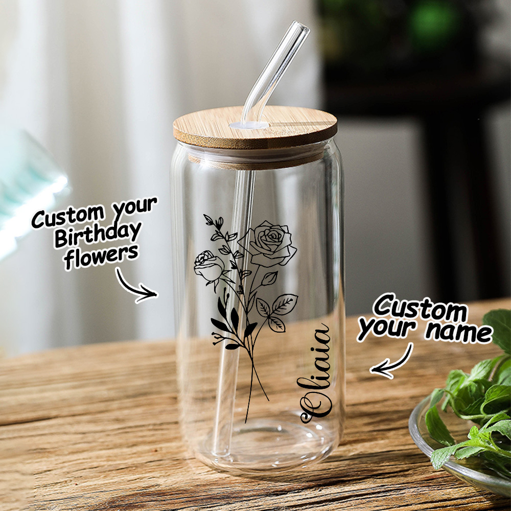 Personalized Name Glass Can with Birth Flower Custom Can Glass with ...